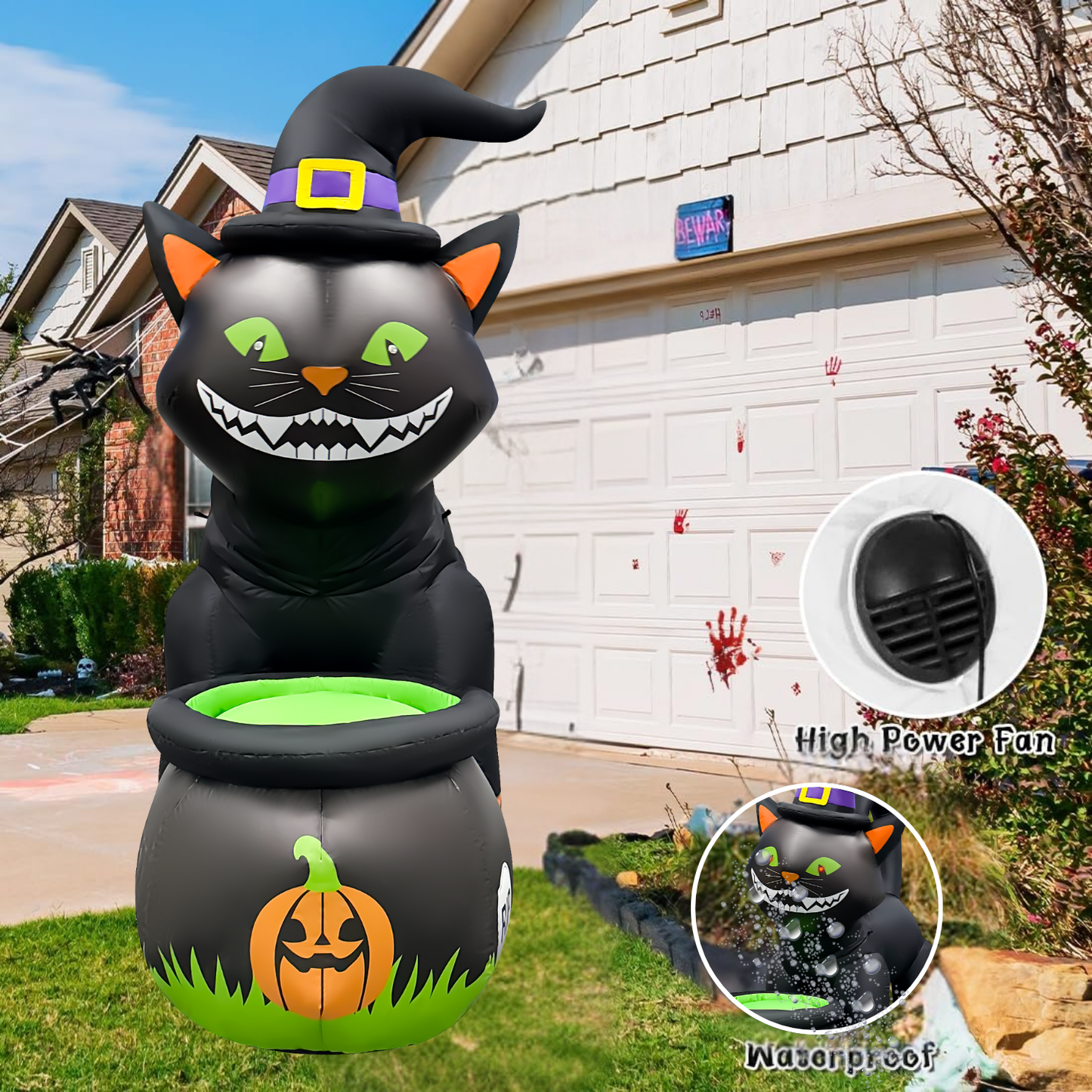 GOOSH 5.2FT Animated Inflatable Black Cat with Witch Hat and Cauldron
