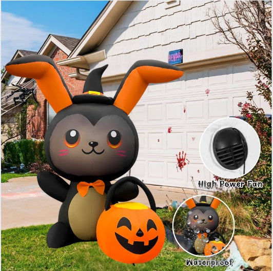 GOOSH 5FT Inflatable Halloween Bunny with Pumpkin Light-Up Yard Decora