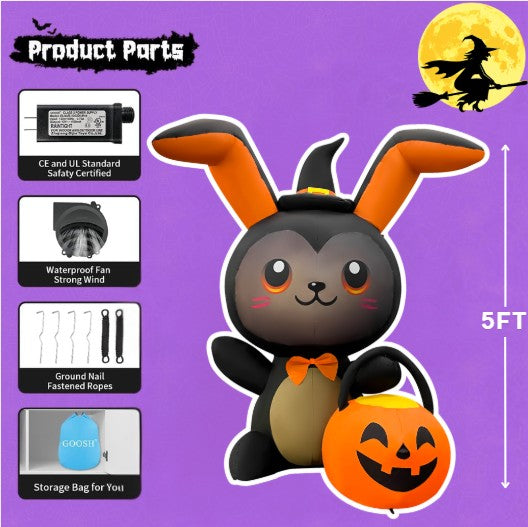 GOOSH 5FT Inflatable Halloween Bunny with Pumpkin Light-Up Yard Decora